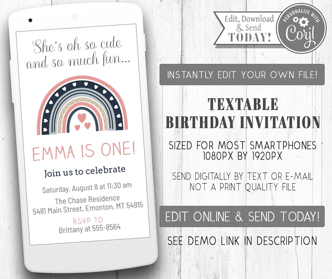 Editable Boho Rainbow Textable Birthday Invitation, Birthday Invitation ...