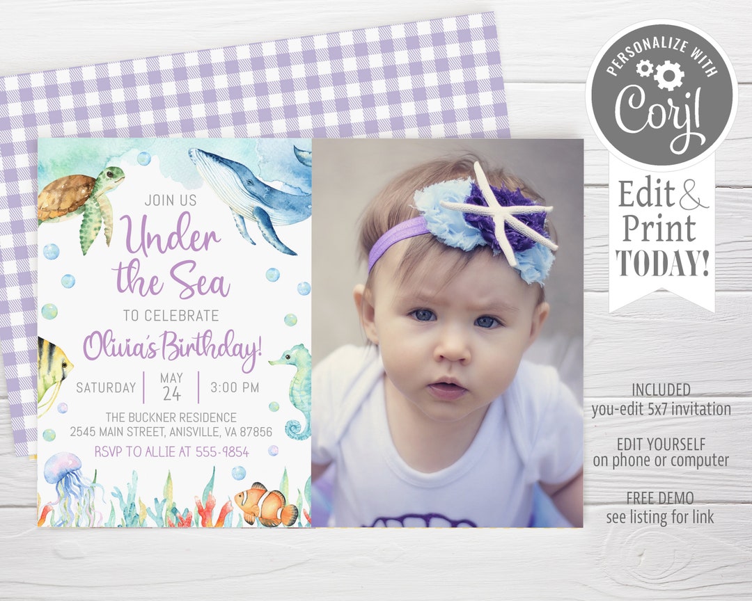 Ocean Birthday Invitation, Editable, Girl, Purple Under the Sea ...
