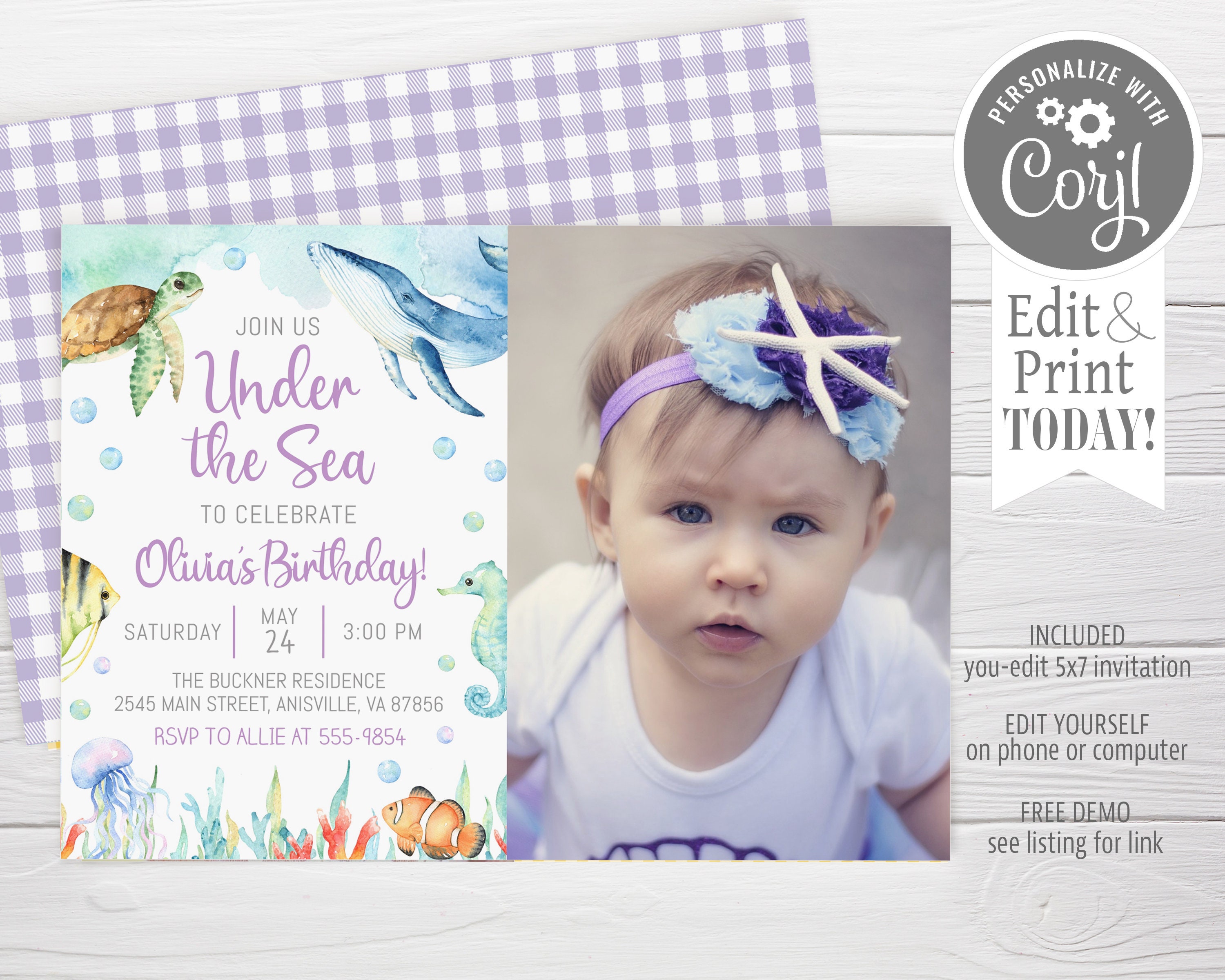 Ocean Birthday Invitation, Editable, Girl, Purple Under the Sea ...