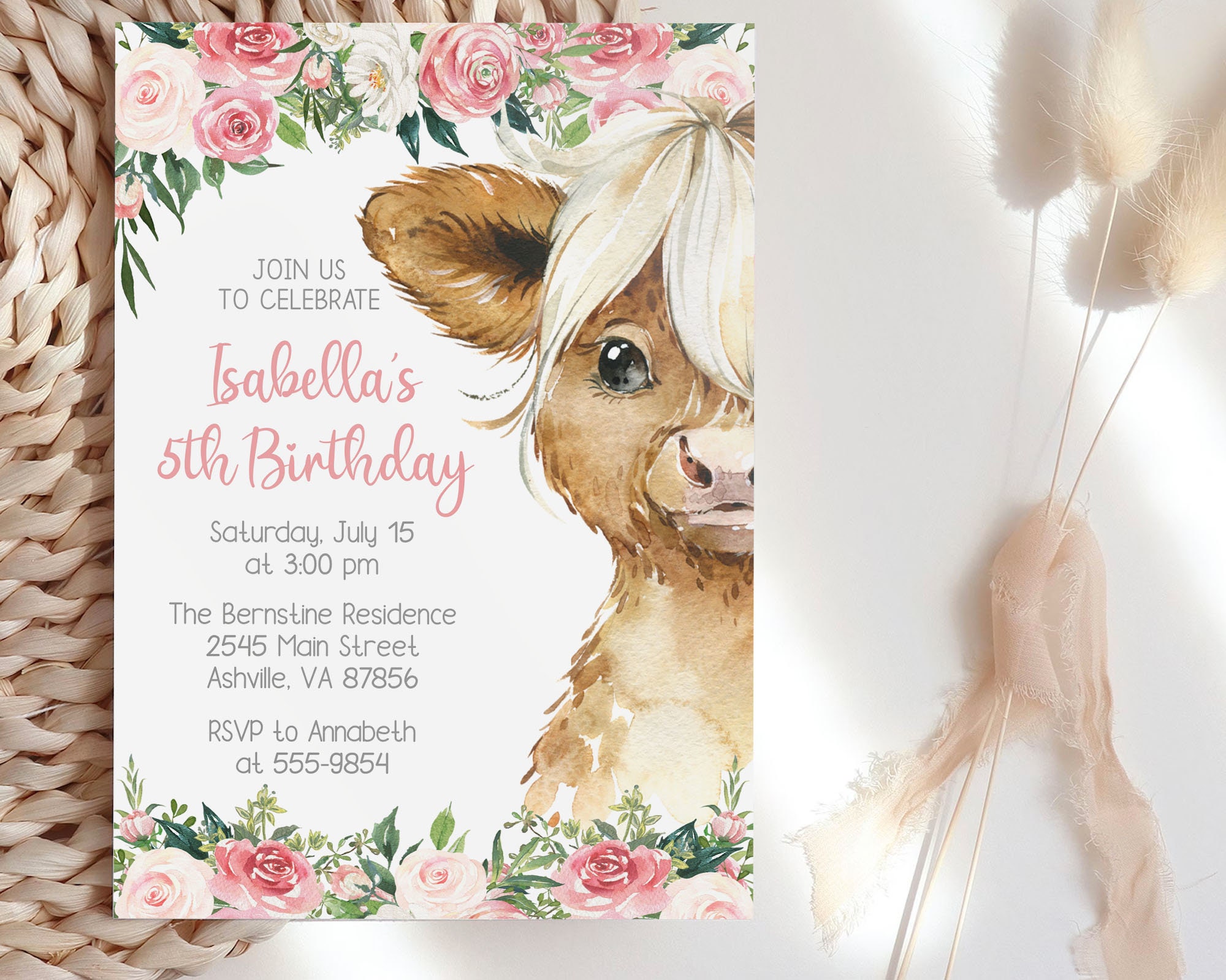 Highland Cow Birthday Invitation Template Editable Cow With Flowers ...