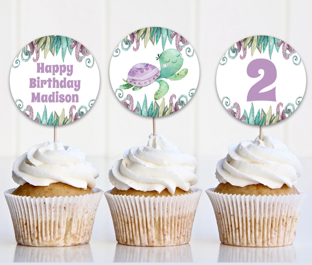 Purple Turtle Cupcake Toppers, Editable, Under the Sea, Sea Turtle ...