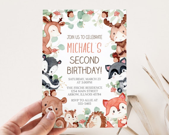 Woodland Animals Birthday Invitation Template, second birthday or any ...
