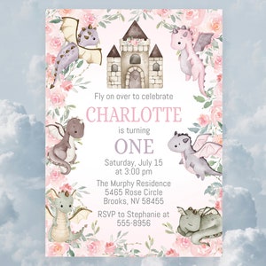 Girl Dragon Birthday Invitation Template, Flowers First Birthday Cute ...