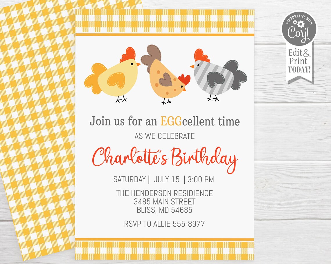 Chicken Birthday Invitation Egg-cellent Time Girl Editable - Etsy