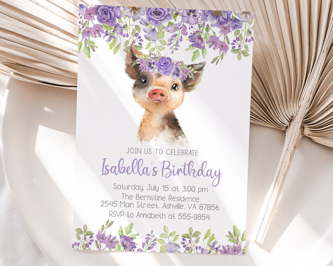 Pig Birthday Invitation Template, Editable Piglet With Purple Flowers ...