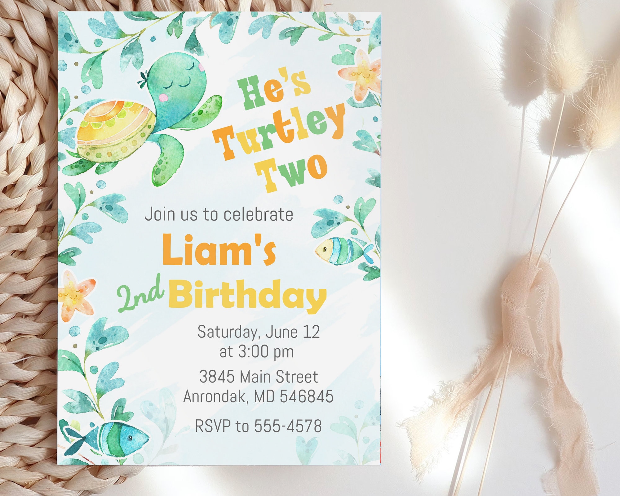 Turtle Birthday Invitation Template, Editable, Turtley Two, Second ...