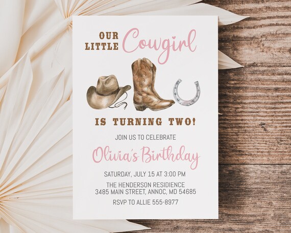 Our Little Cowgirl Birthday Invitation template, turning two or ...
