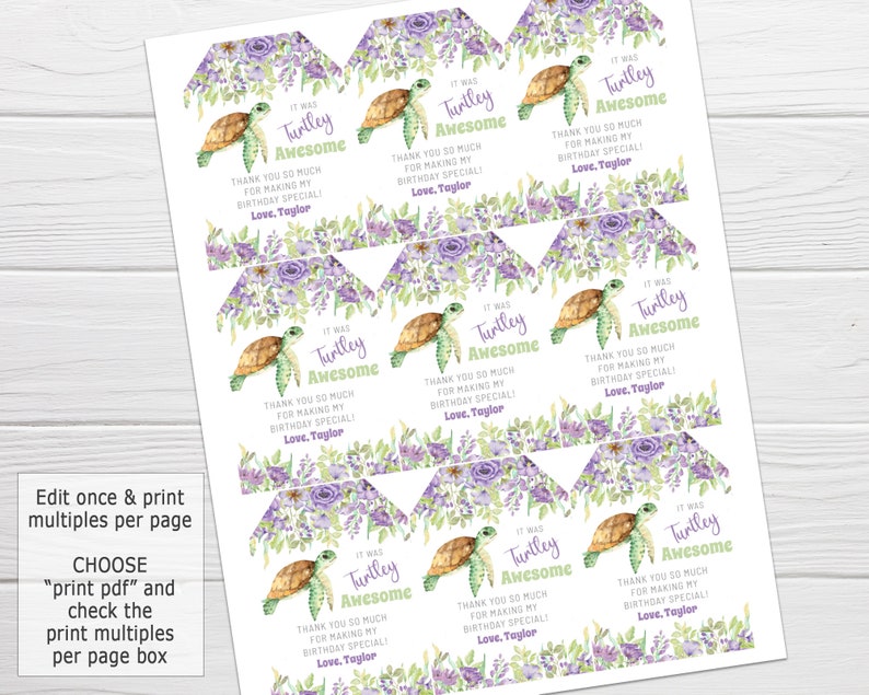 Turtle Favor Tags Editable Cute Turtle Birthday Hang Tag - Etsy