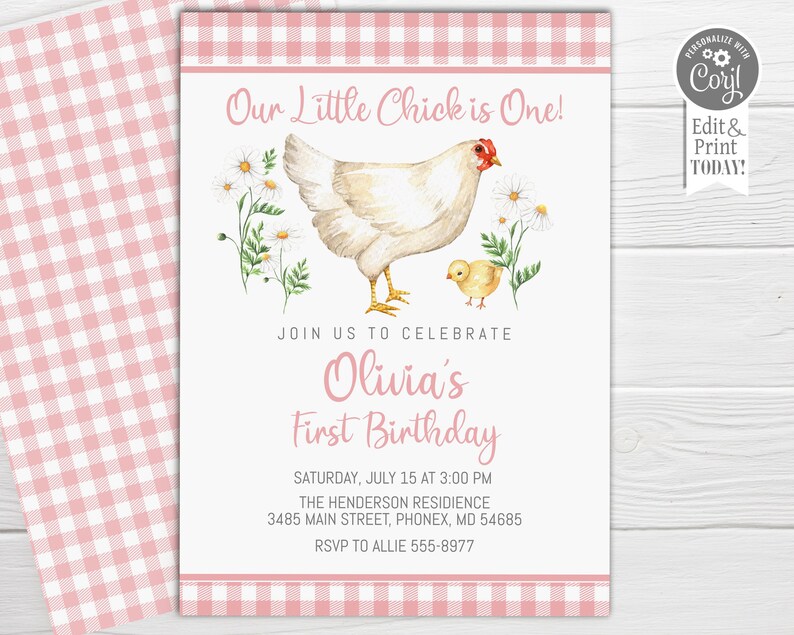 Chicken Birthday Invitation Template in Pink Gingham, Daisy Flowers ...
