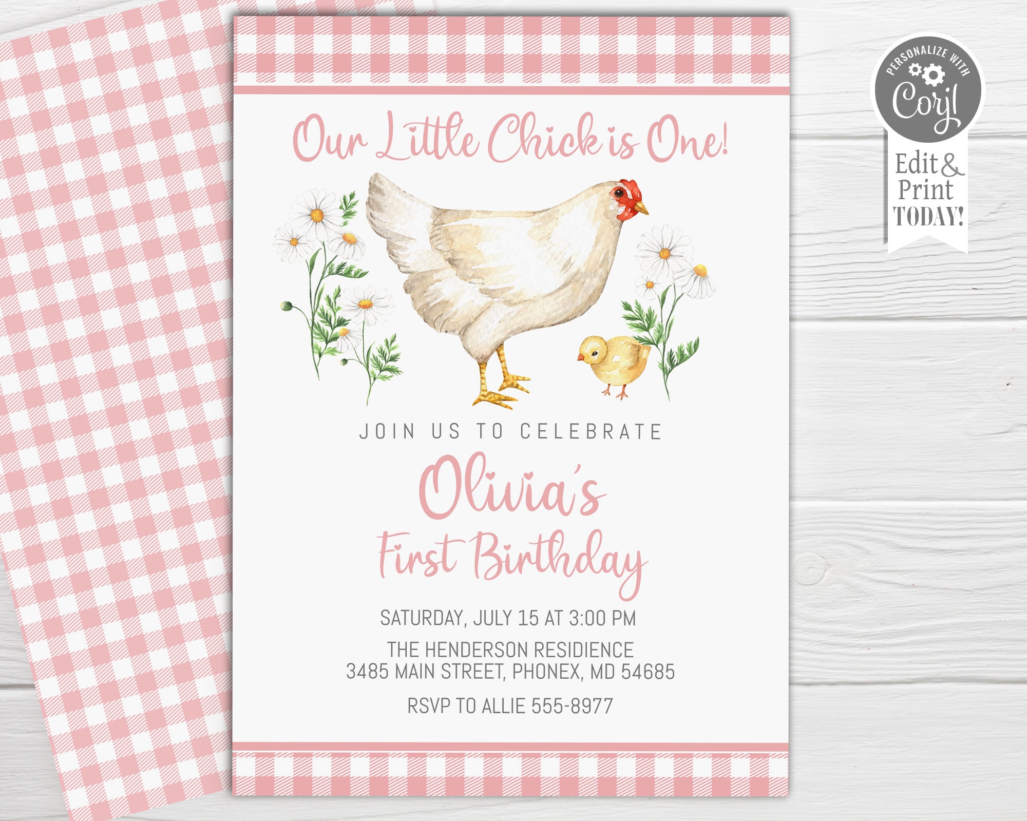 Chicken Birthday Invitation Template in Pink Gingham, Daisy Flowers ...
