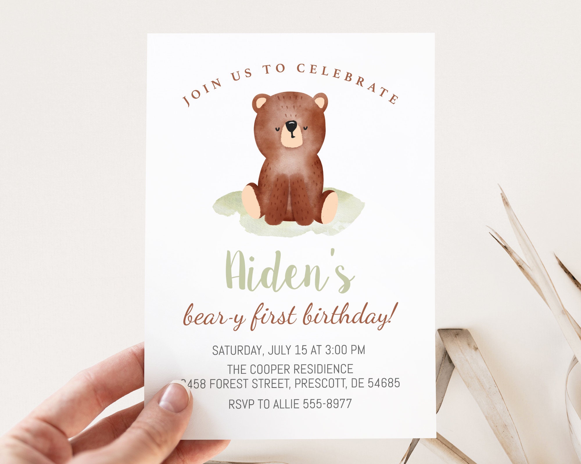 Bear-y First Birthday Invitation Template, Bear First Birthday ...