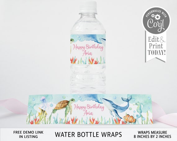 Ocean Water Bottle Wrap Editable Pink Ocean Animals Water - Etsy