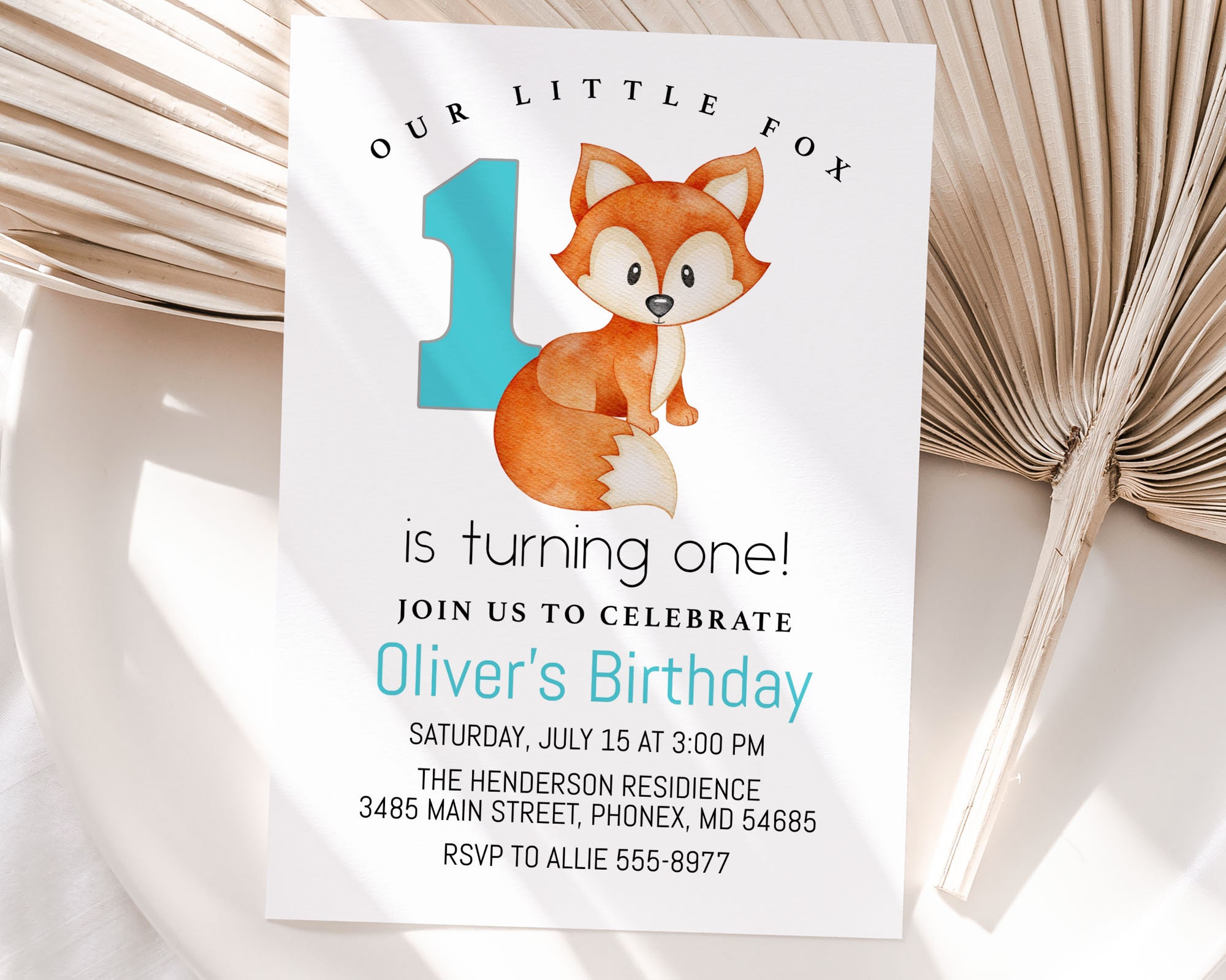 Woodand Animals Fox Birthday Invitation Template, Editable, Turning One ...