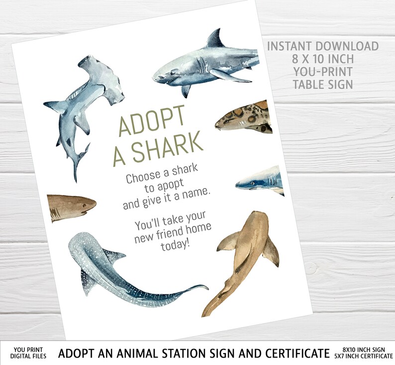 Adopt a Shark Party Activity Set: Editable Certificate & Sign (digital ...