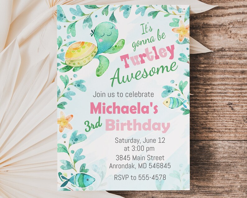 Turtle Birthday Invitation Template, Editable, Turtley Awesome, Pink ...