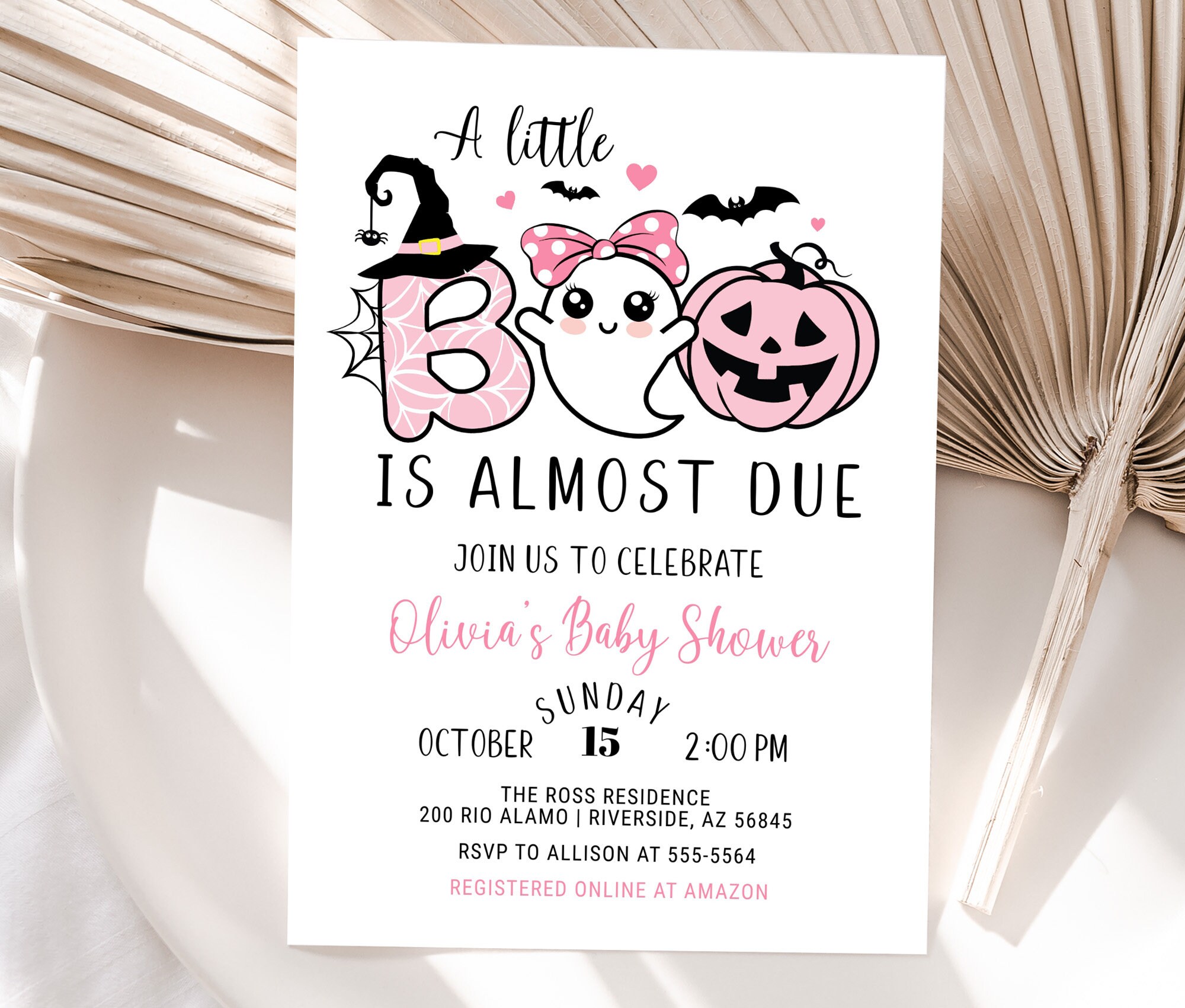 Halloween Girl Baby Shower Invitation Template, Editable, Pink Little ...