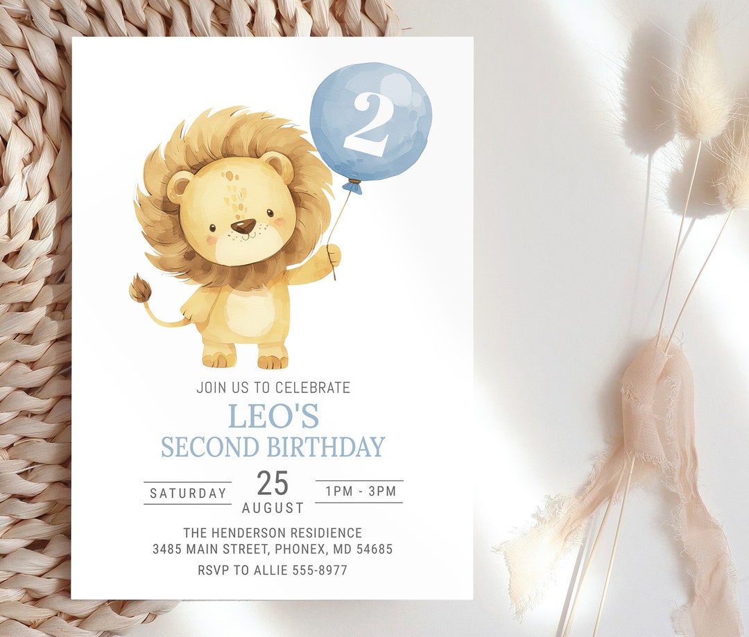Lion Birthday Invitation for Lion Party, Boy Cute Lion Blue First ...