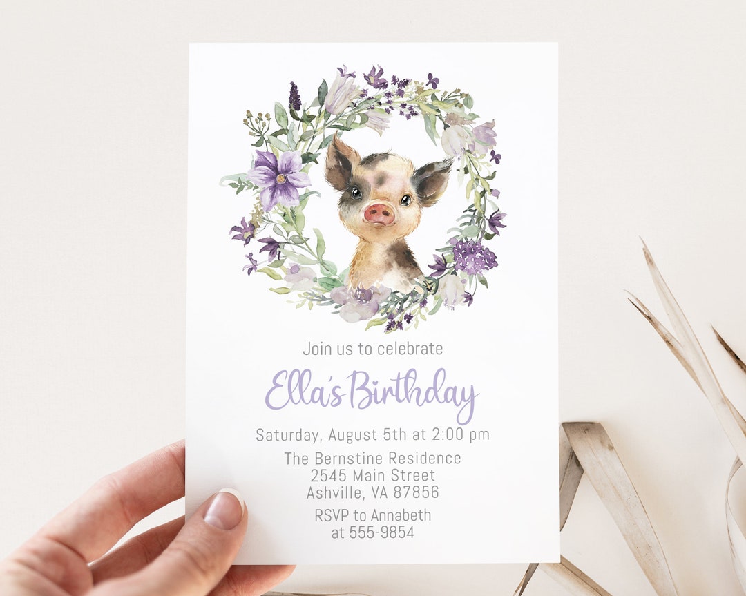Pig Birthday Invitation Template, Editable, Cute Piglet With Purple ...