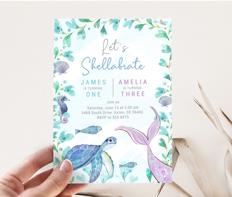 Turtle Mermaid Birthday Invitation Printable Template, Dual Party ...