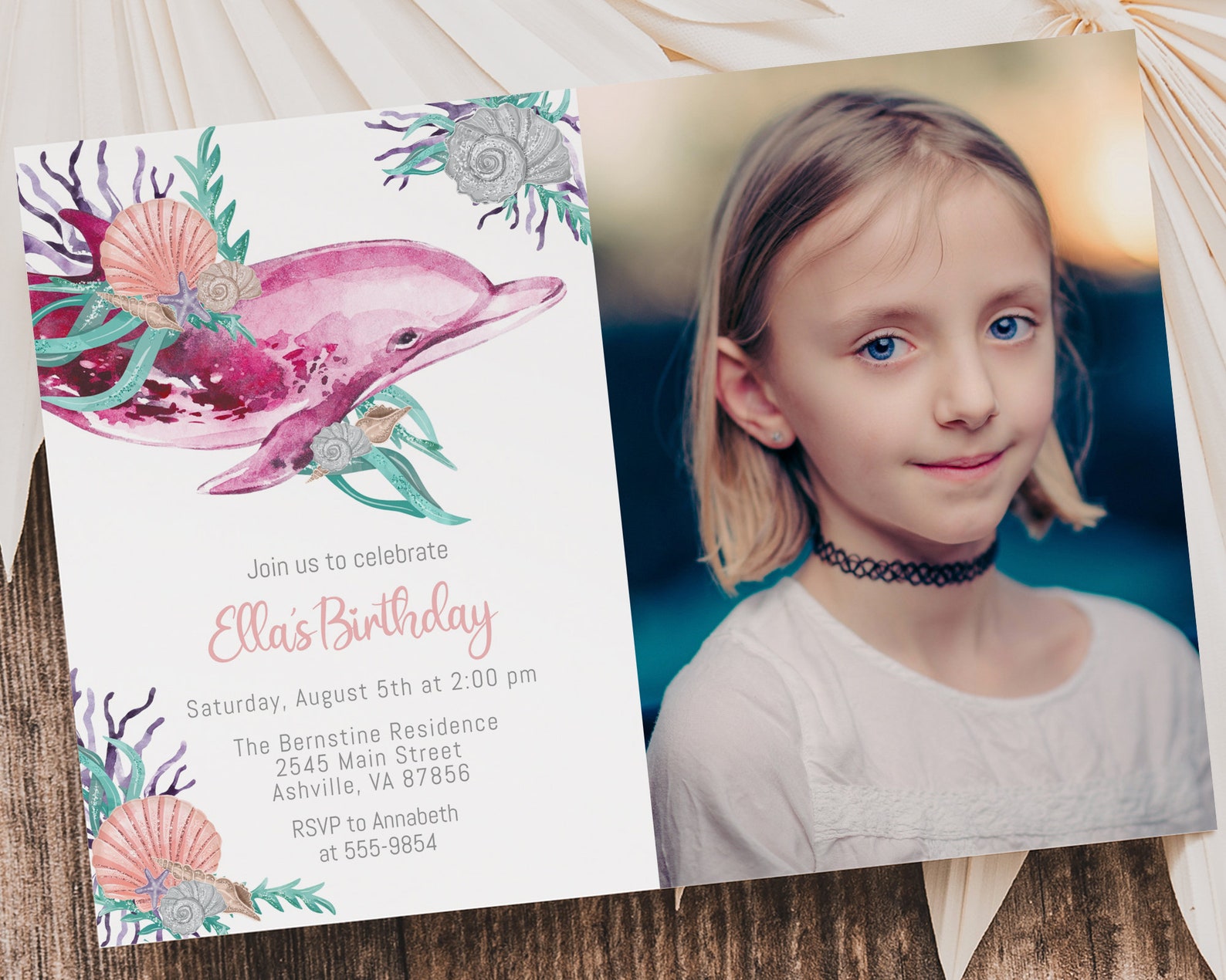 Pink Dolphin Birthday Photo Invitation Template, Editable, Under the ...