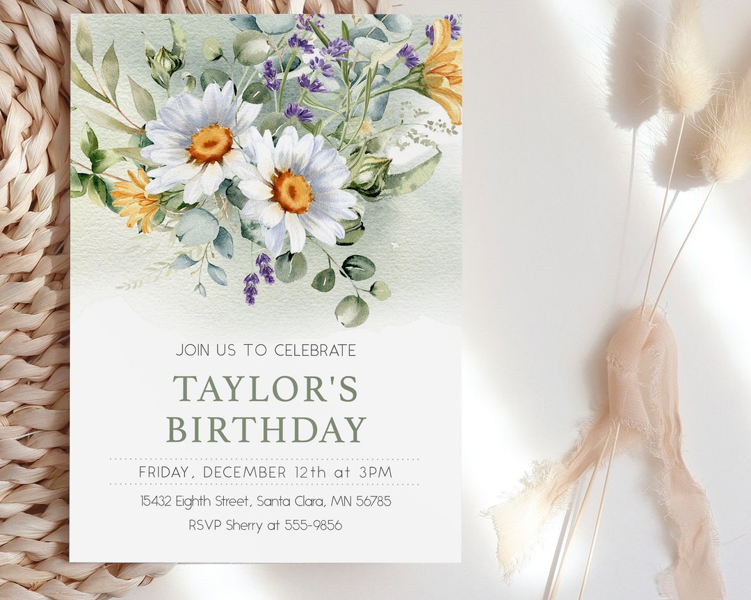 Flower Birthday Invitation Template, Editable Birthday Invitation With ...