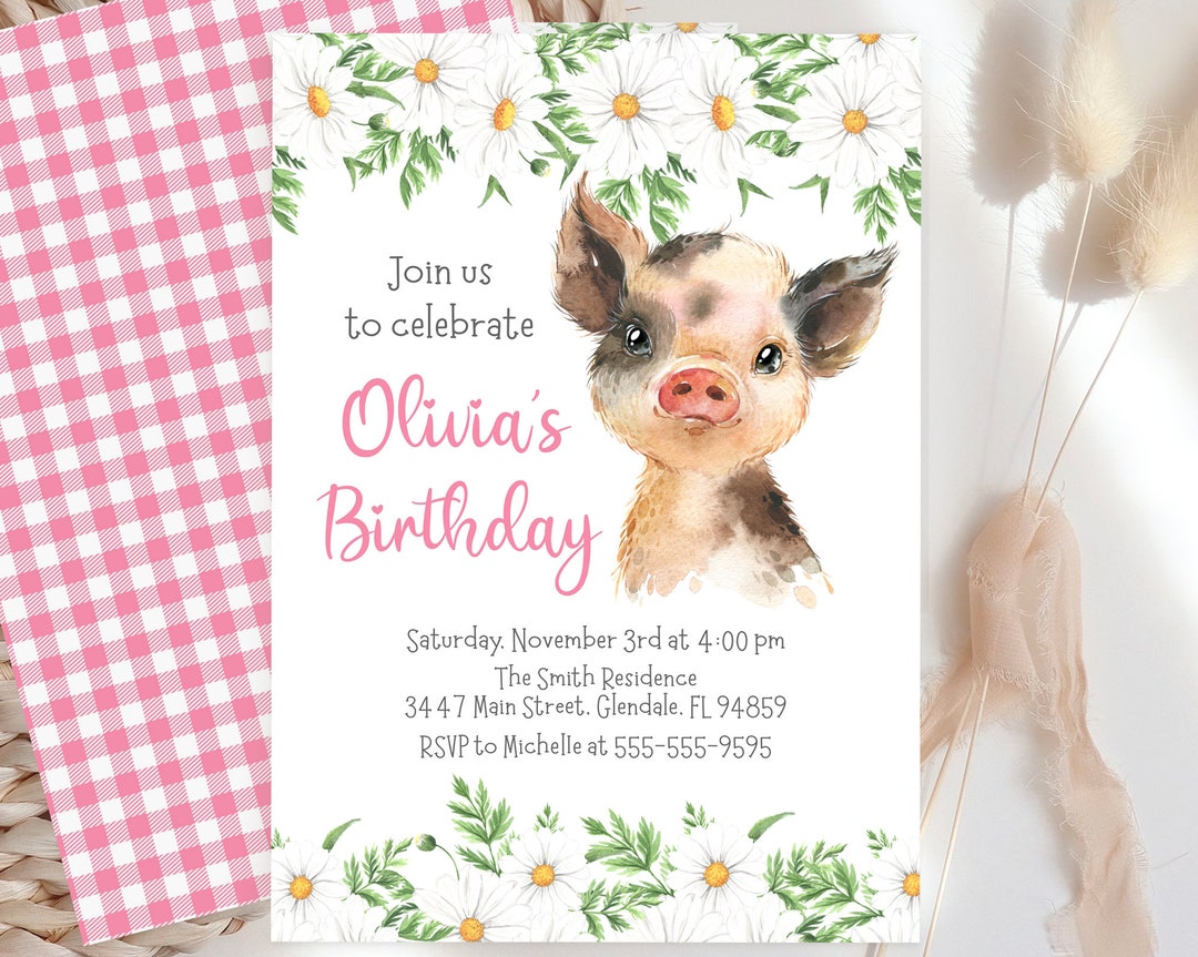 Pig Birthday Invitation Template, Editable, Piglet With Daisy Flowers ...