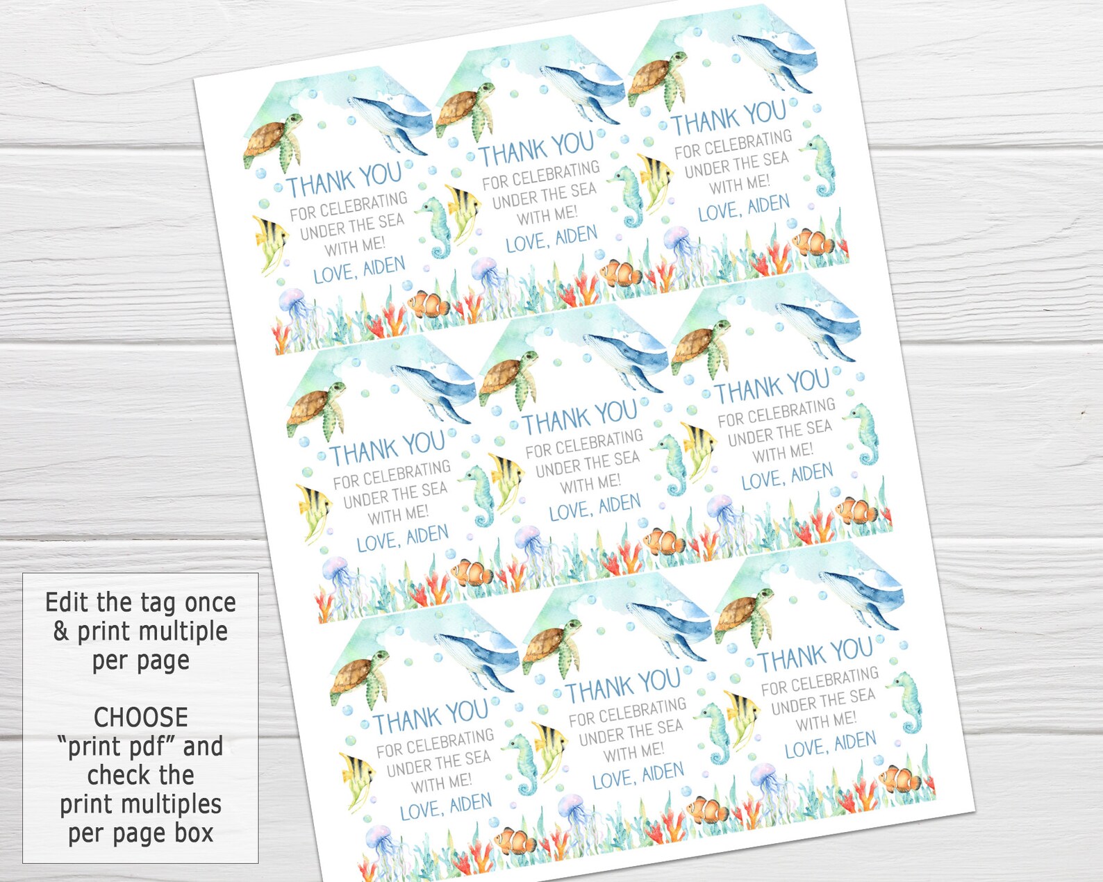 Ocean Favor Tags, Editable, Blue Ocean Animals, Birthday Hang Tag ...