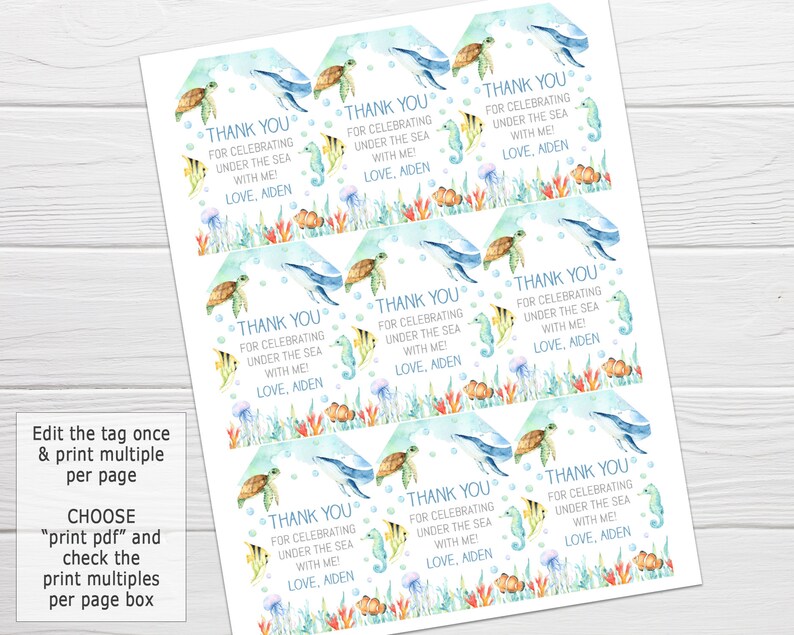Ocean Favor Tags, Editable, Blue Ocean Animals, Birthday Hang Tag ...