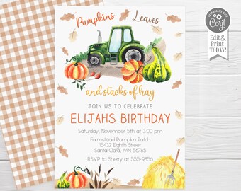 Pumpkins Leaves and Stacks of Hay Birthday Invite - Etsy