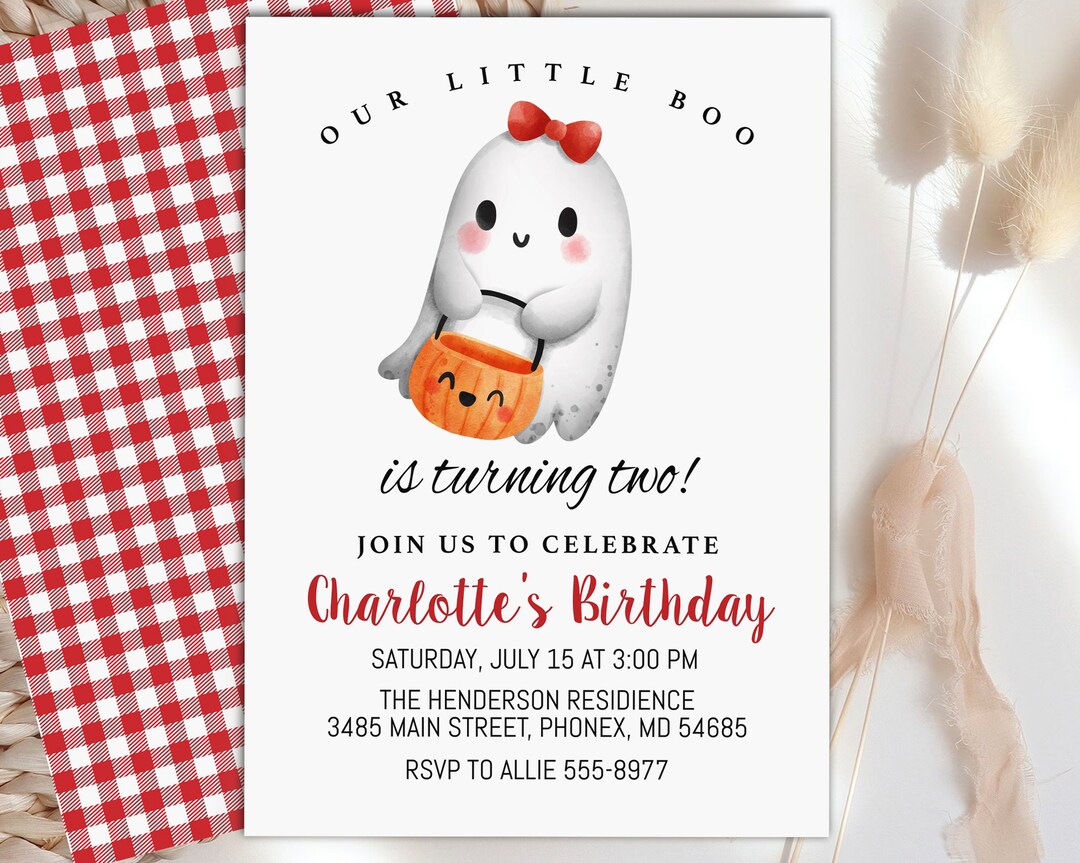 Ghost Birthday Invitation Template Cute Ghost With Red Bow "our Little ...