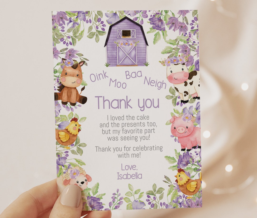 Farm Purple Thank You Note Printable Editable Template Barnyard Party ...