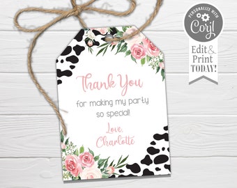 Highland Cow Favor Tags Editable Pink Flowers Hang Tag | Etsy