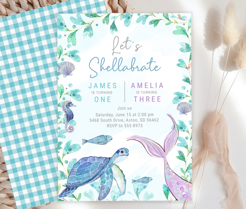 Turtle Mermaid Birthday Invitation Template: Dual Party (editable ...