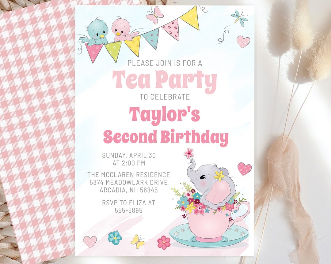 Elephant Tea Party Birthday Invitation Template, Editable, Cute Girl ...