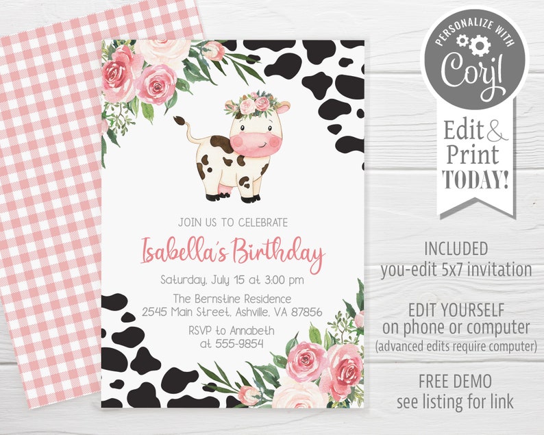 Cow Birthday Invitation Editable Invitation With Flowers and Pink Text ...