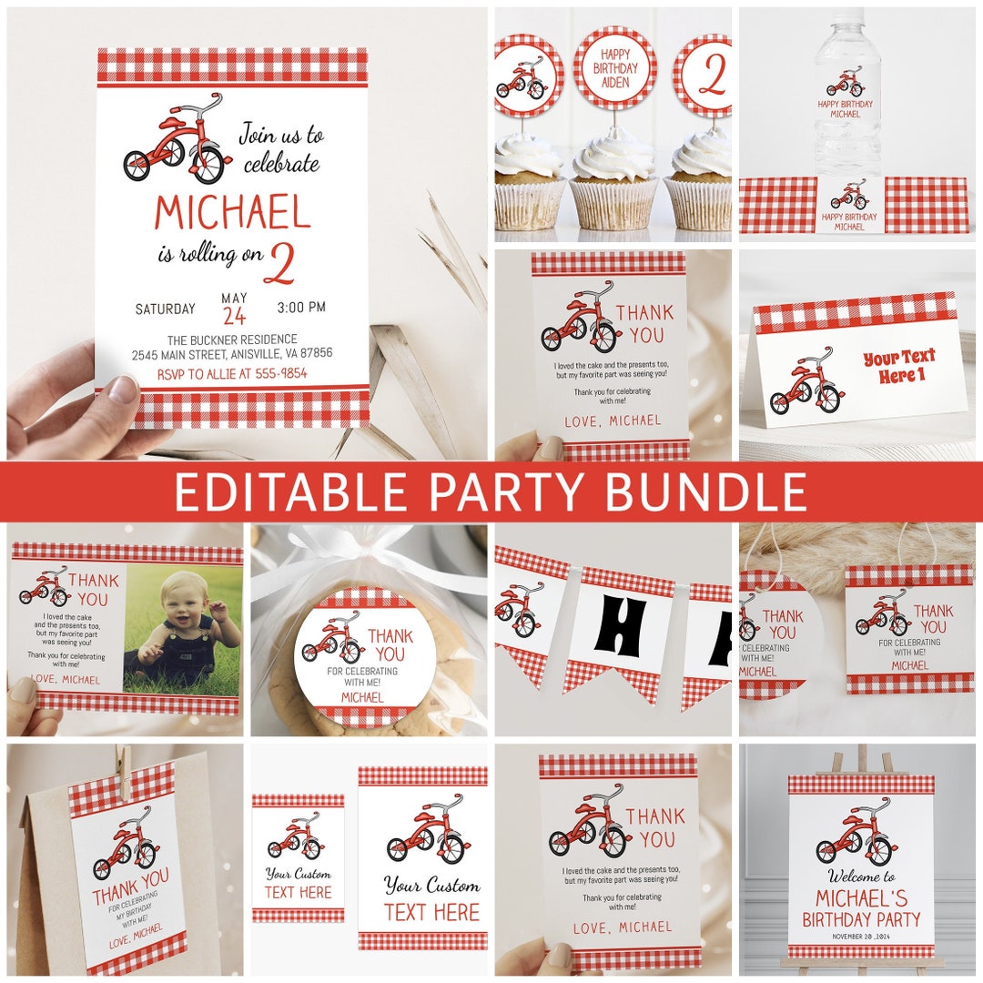 Tricycle Party Bundle, Second Birthday, Girl Boy Turning Two, Red ...