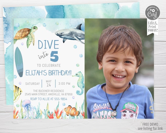 Dive Into Five Birthday Photo Invitation, surf board ocean animals ...