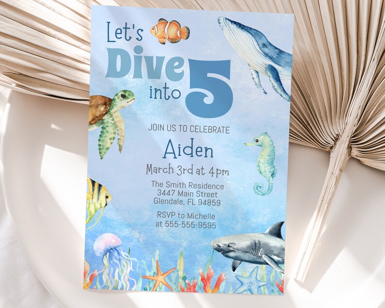 Dive Into 5 Birthday Invitation Template, Ocean Animals, Boy, Blue ...