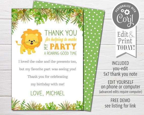 Lion Editable Thank You Note, editable with coral, Instant download by ...