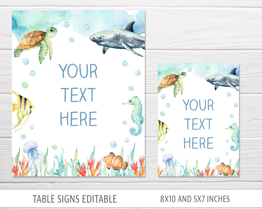 Ocean Animals Party Table Signs 5x7 Inches, 8x10 Inches Editable Party ...