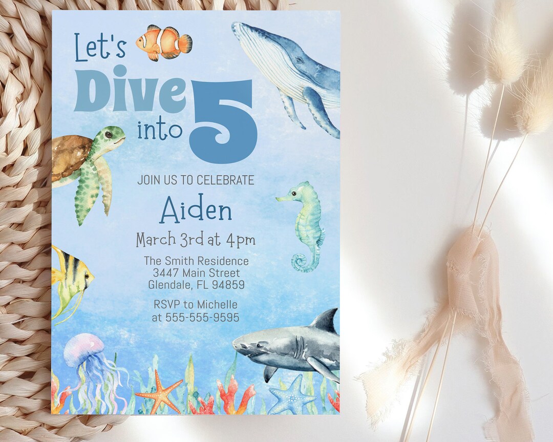 Dive Into 5 Birthday Invitation Template, Ocean Animals, Boy, Blue ...
