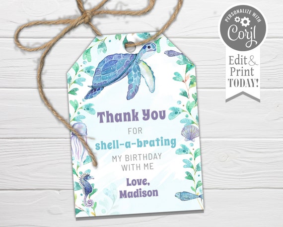 Shell-a-brate Turtle Favor Tags, Editable, Cute Turtle Birthday Hang ...