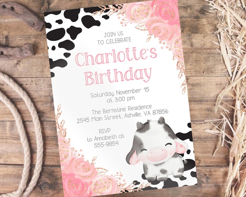 Cow Birthday Invitation Template, Editable Birthday Invitation, Cute ...