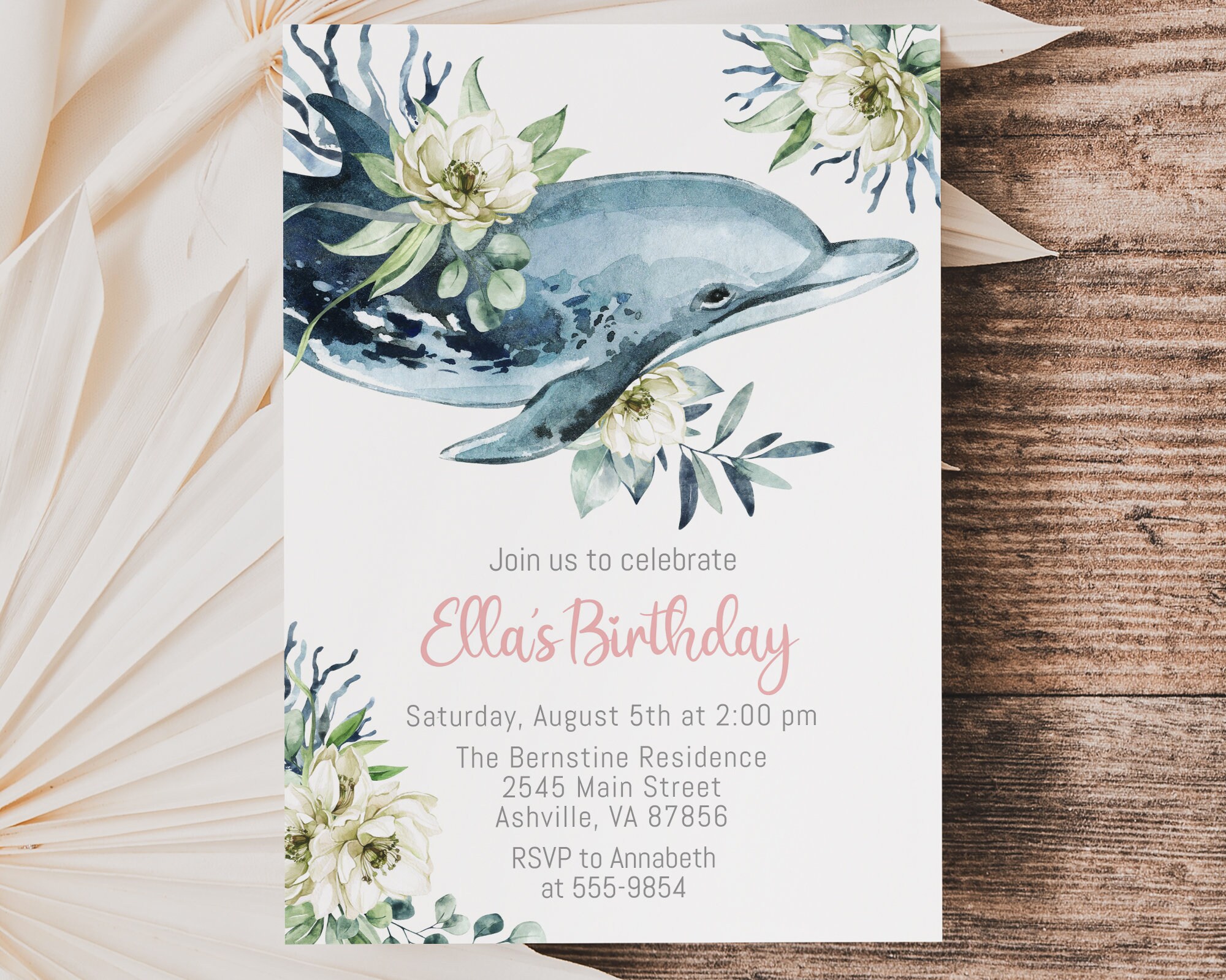 Dolphin Birthday Invitation, Under the Sea Party, Floral Design ...