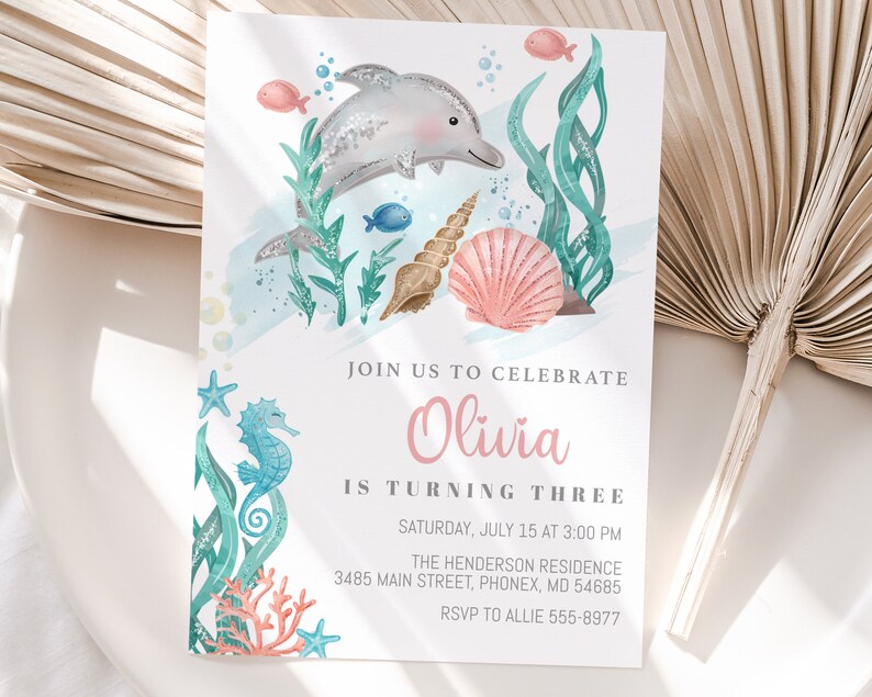 Dolphin Birthday Invitation Template Editable Girl Dolphin - Etsy