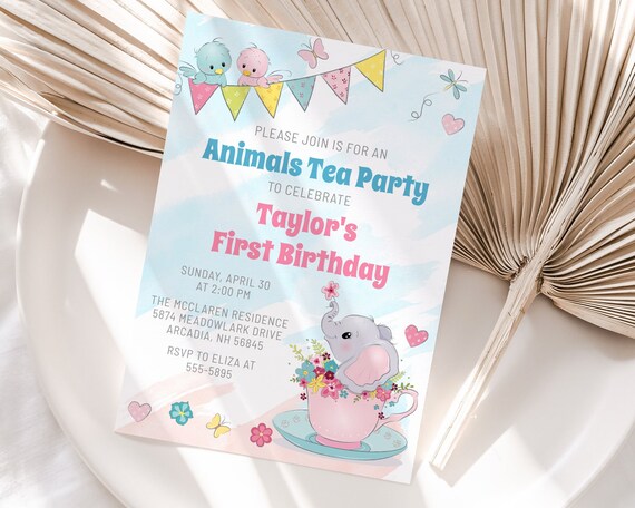 Animal Tea Party Birthday InvitationTemplate, editable with elephant in ...