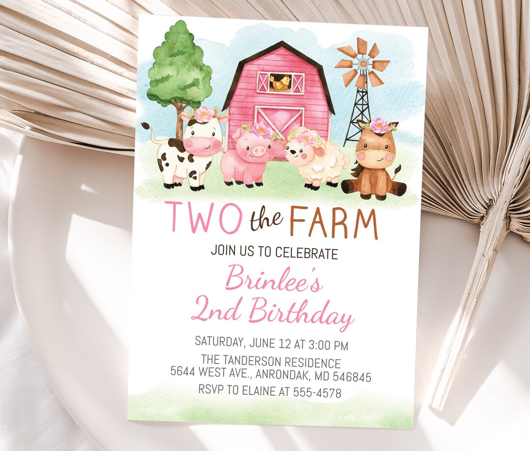 Two the Farm Pink Barnyard Animals Birthday Invitation Template, Girl ...