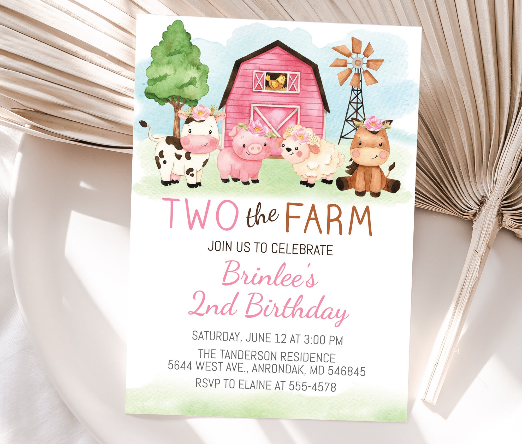 Two the Farm Pink Barnyard Animals Birthday Invitation Template, Girl ...