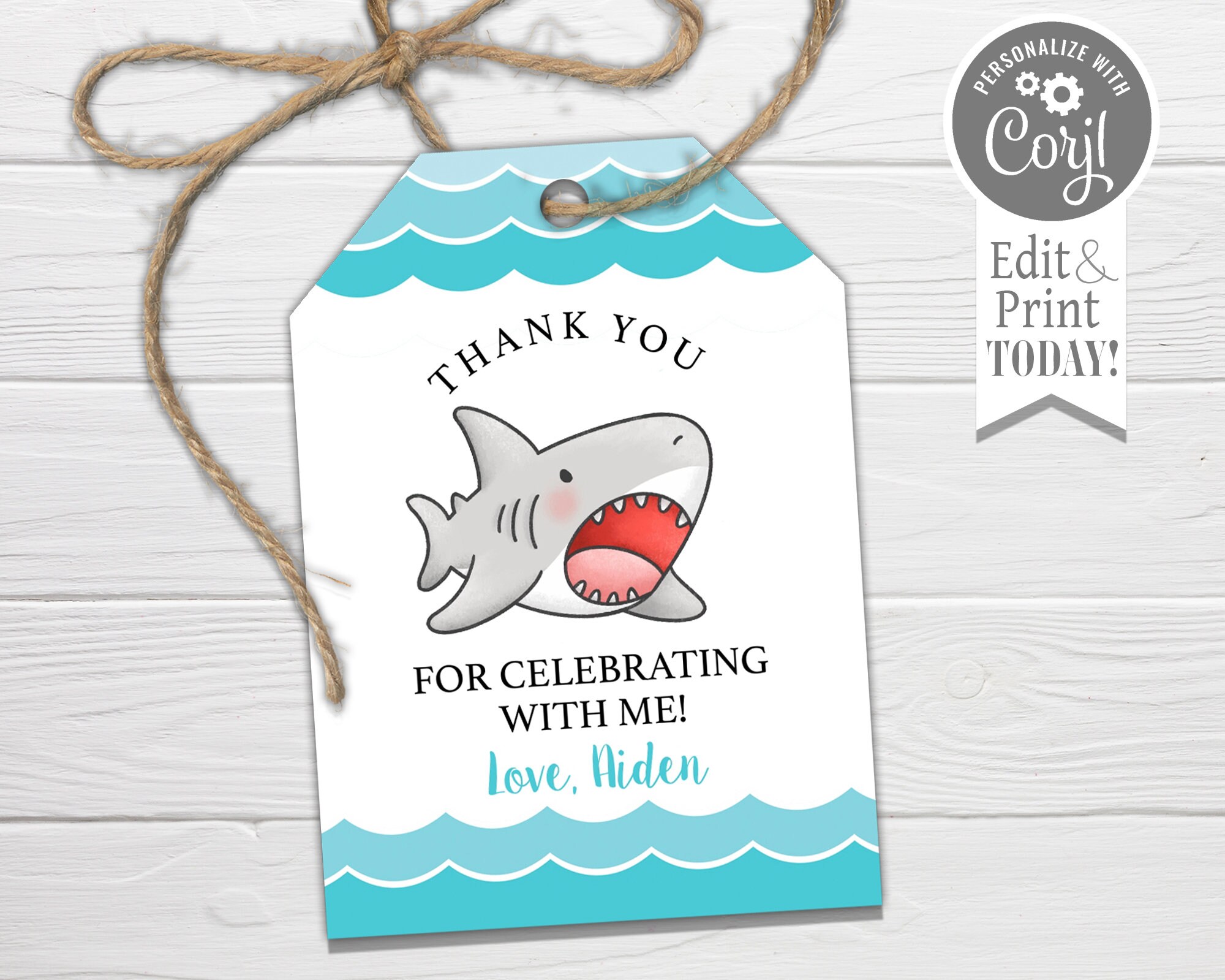 Cute Shark Favor Tags, Editable, Shark Birthday Hang Tag, Thank You Tag ...
