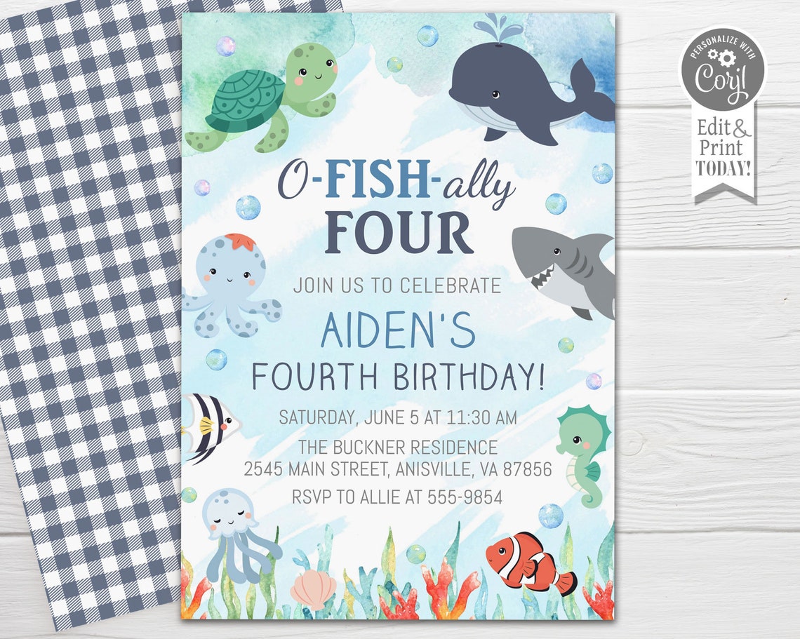 O-fish-ally Four Birthday Invitation, Ocean Animals, Turning Four, Boy ...